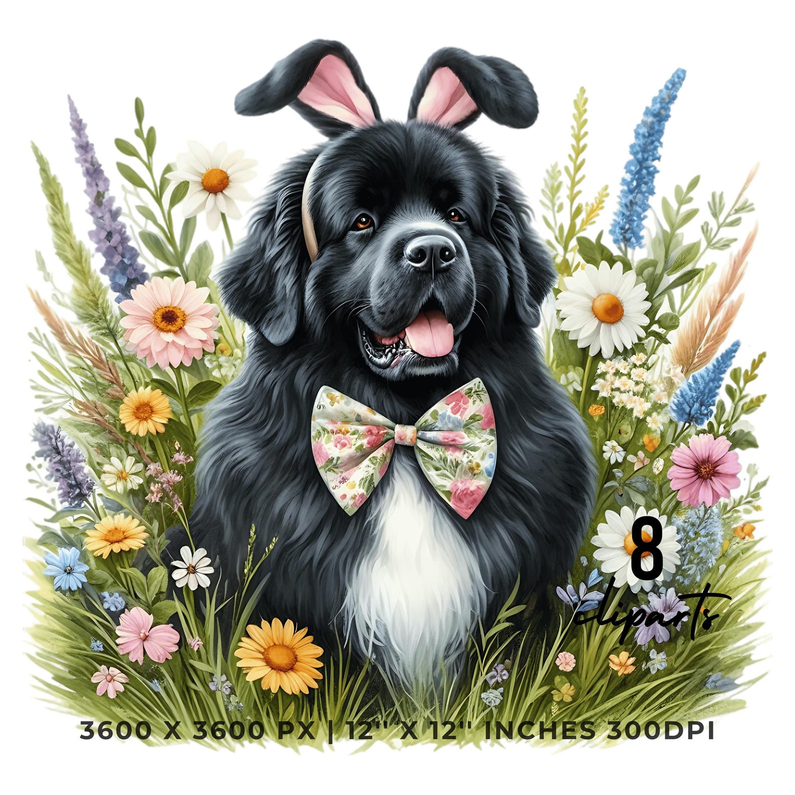Newfoundland Dog Easter Clipart: Floral Bow, Bunny Ears (PNG, JPG) - Etsy