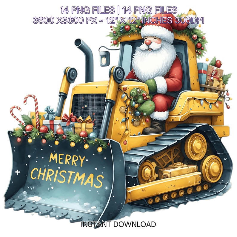 14 Merry Christmas BULLDOZER PNG Clipart | Watercolor Construction ...