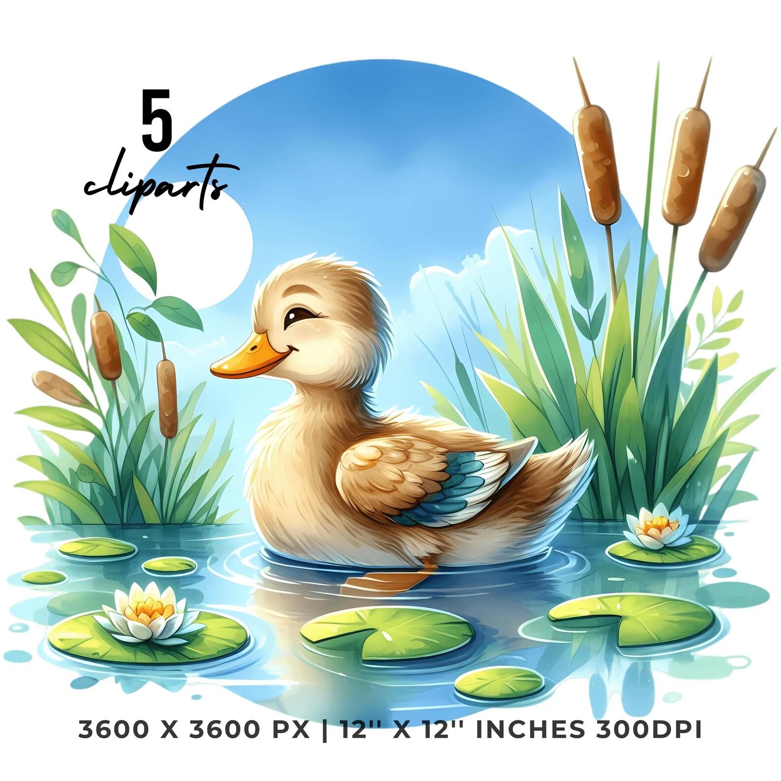 Duck Paddling Clipart PNG | 5 Watercolor Cheerful Duck Paddling in a ...