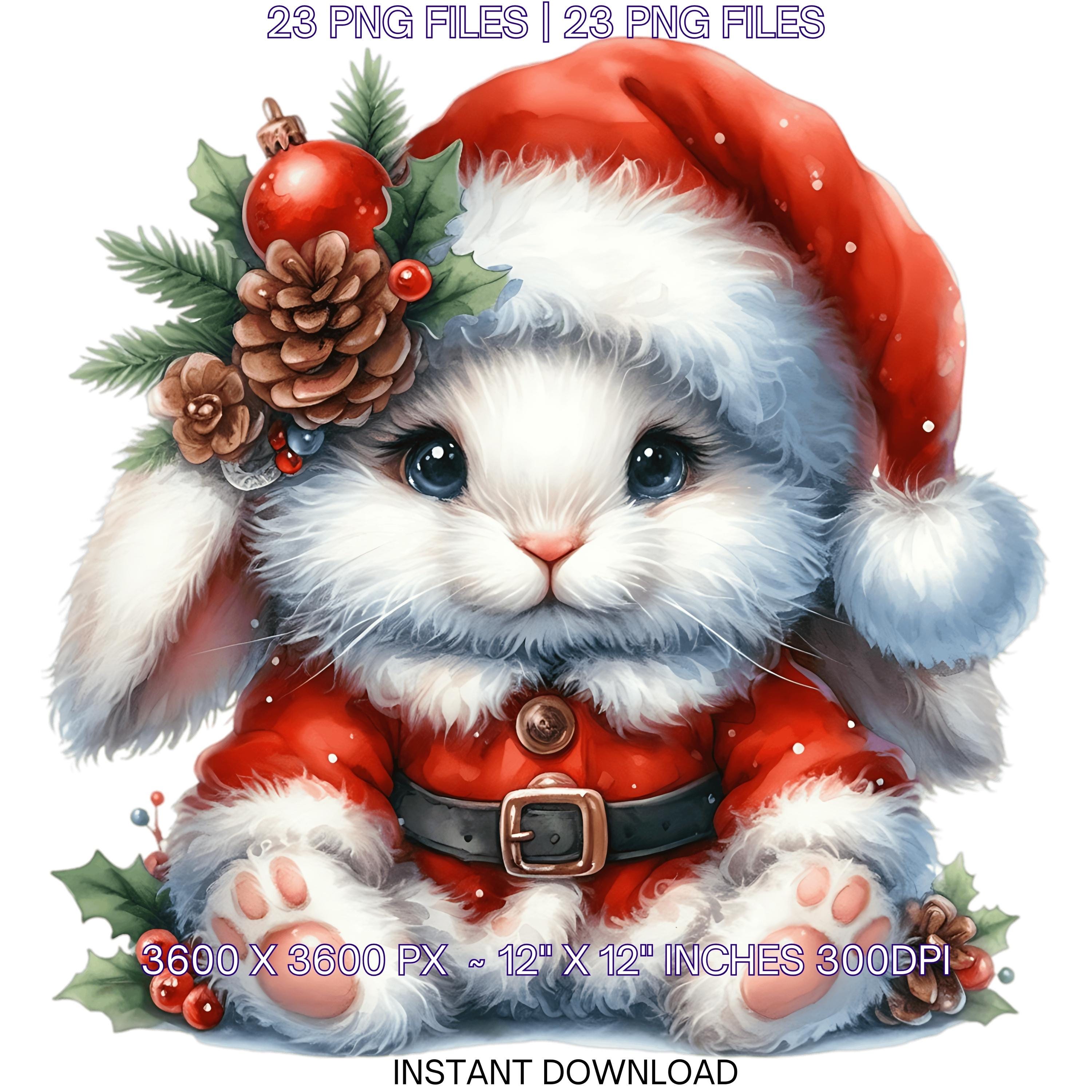 Christmas Bunny Clipart, Fluffy White Rabbit in Santa Suit (PNG, JPG ...