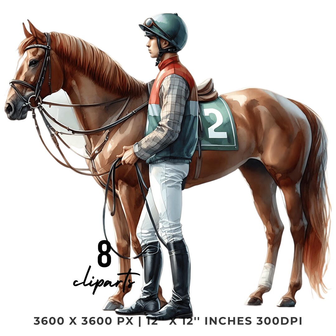 Equestrian Clipart PNG: Watercolor Jockey & Horse Illustration ...