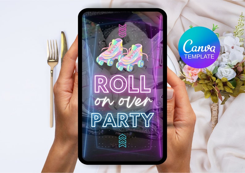 Skate Party Birthday Invitation, Roller Skating, Retro Neon Lights ...