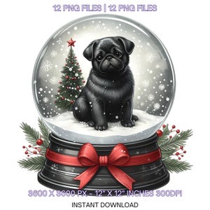 12 Black Pug in a Snow Globe Clipart PNG Christmas Pug Clipart Xmas Dog ...
