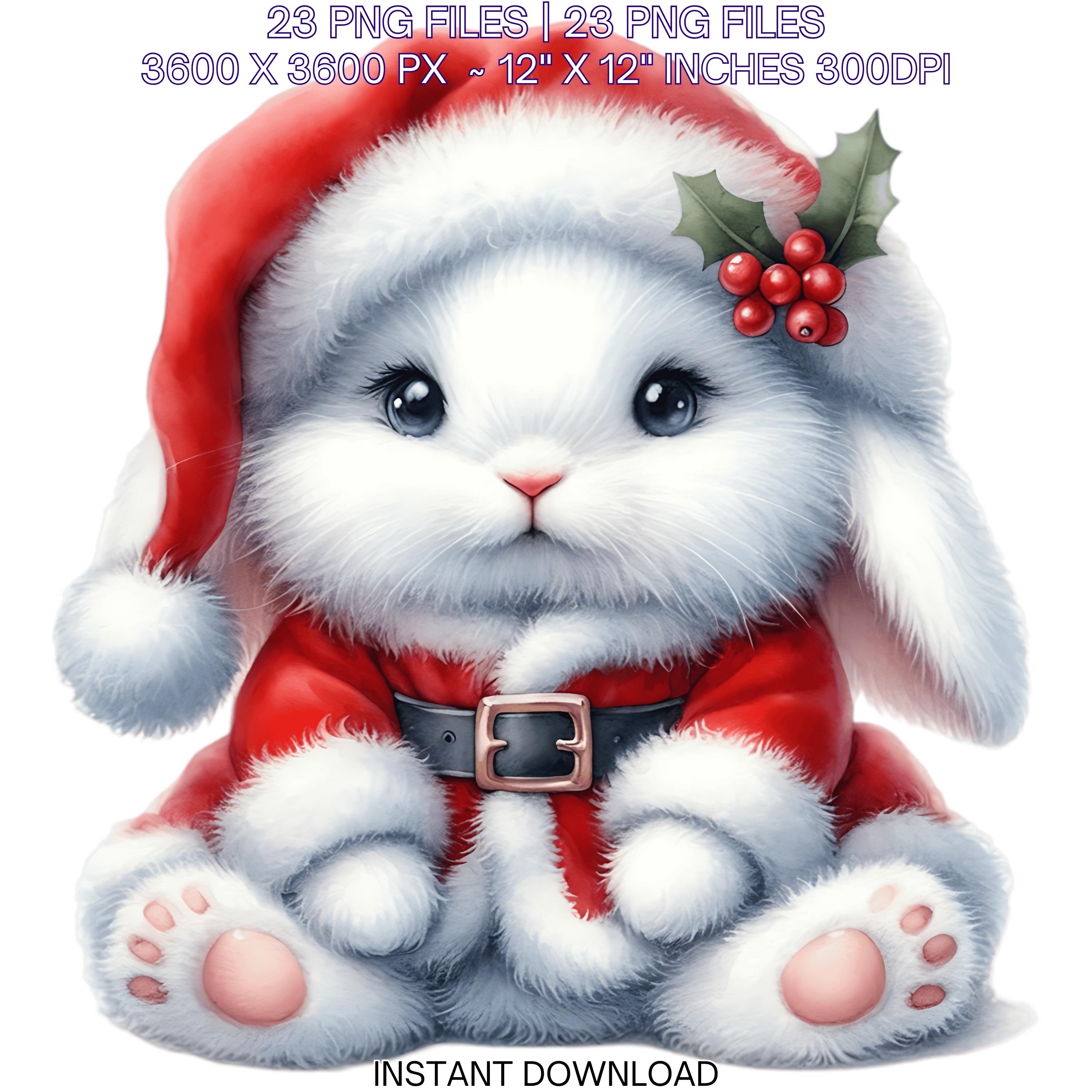 Christmas Bunny Clipart, Fluffy White Rabbit in Santa Suit (PNG, JPG ...