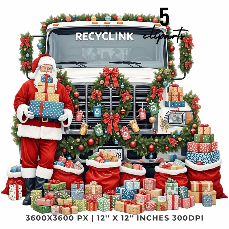 Christmas Santa Recycling Truck Clipart – Holiday Vehicle PNG JPG ...