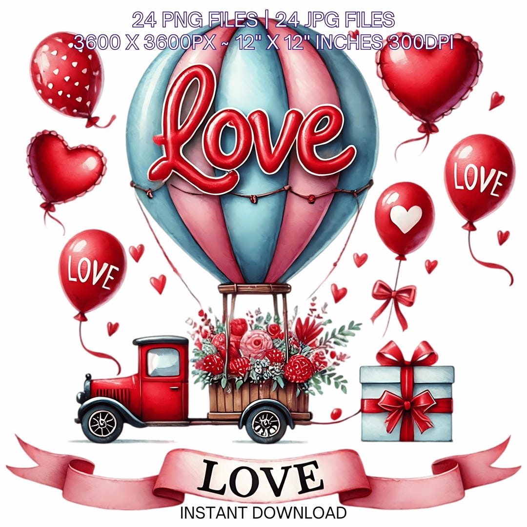 Valentine Airballoon Clipart PNG: Watercolor Love Trip (digital ...
