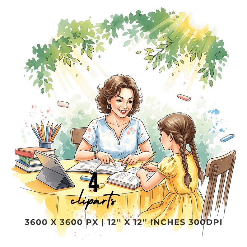 Watercolor Teacher Clipart: Summer Tutor PNG & JPG ( , Digital Download ...