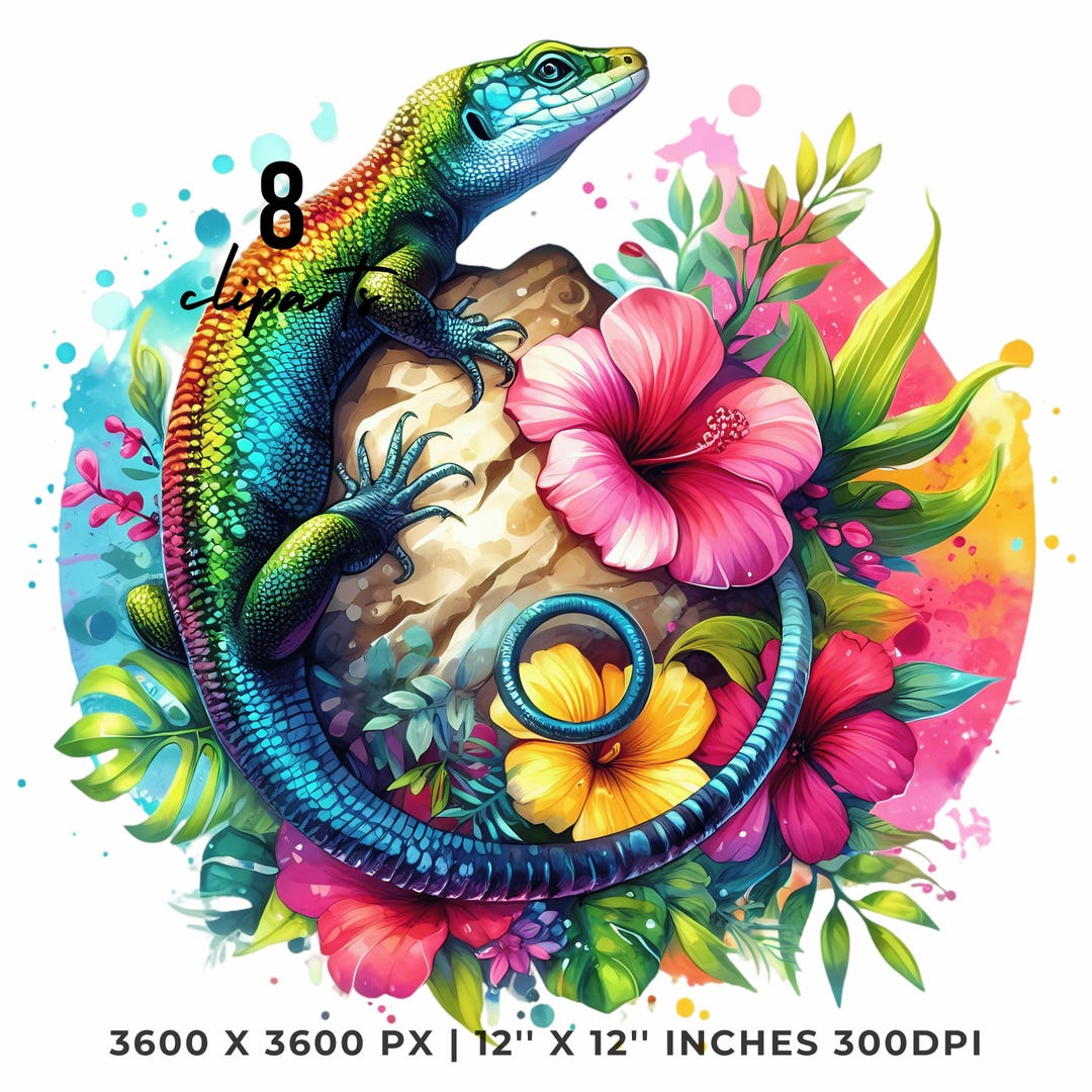 Watercolor Lizard Clipart: Tropical Flowers PNG (digital Download) - Etsy