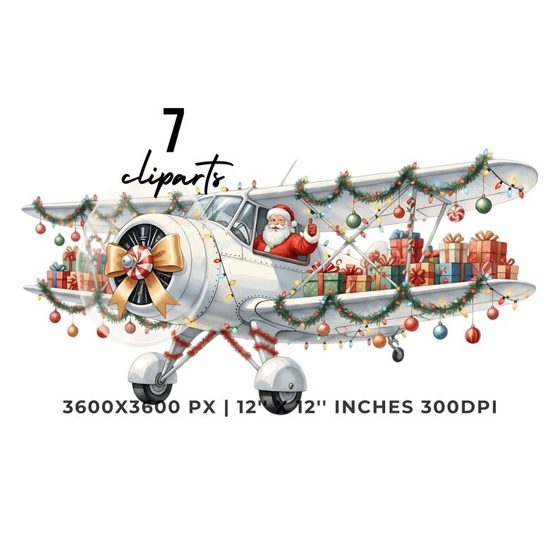 Vintage Christmas Prop Plane Clipart Bundle - Santa, Gifts & Festive ...