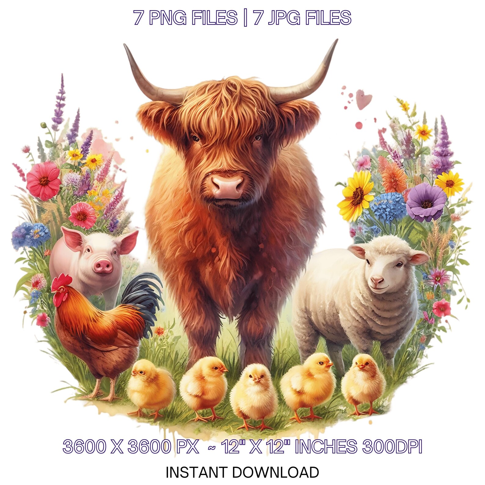 Spring Animal Farm Clipart: Watercolor Highland Cow, Pig, Sheep (PNG ...