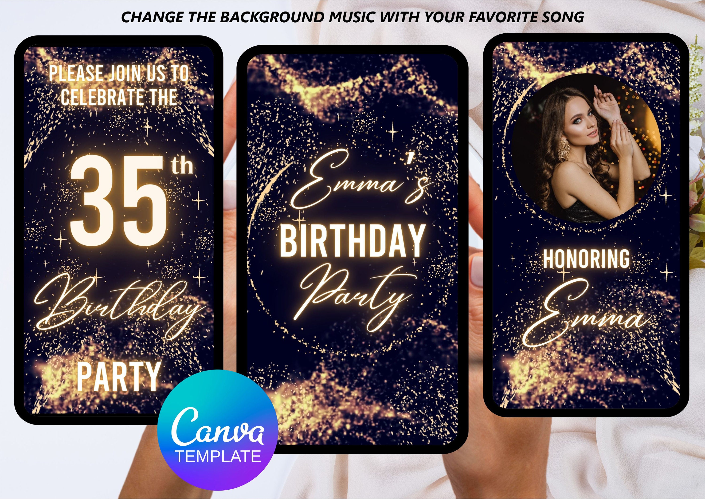 Electronic Photo Birthday Invitation Template, Black Gold Editable ...