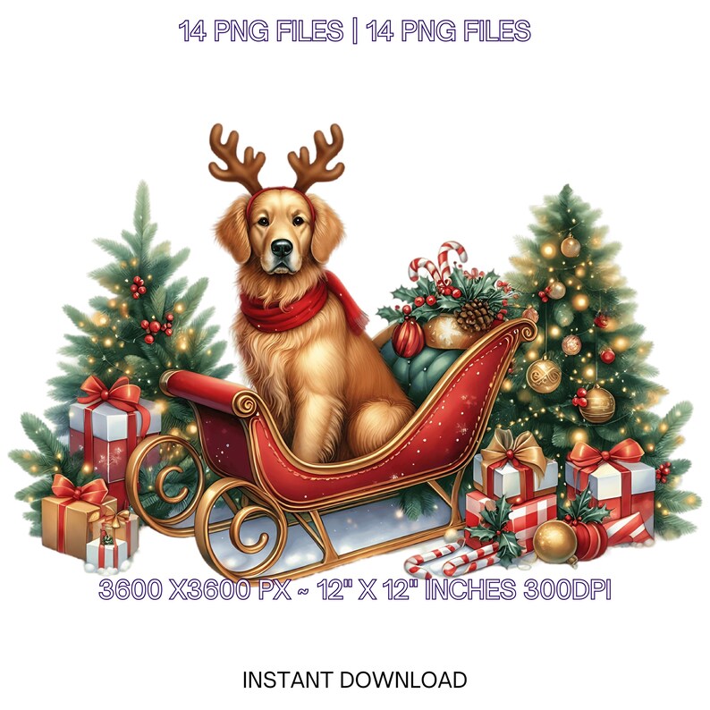 Golden Retriever Christmas Sleigh Clipart | Dog Reindeer PNG ( ) - Etsy