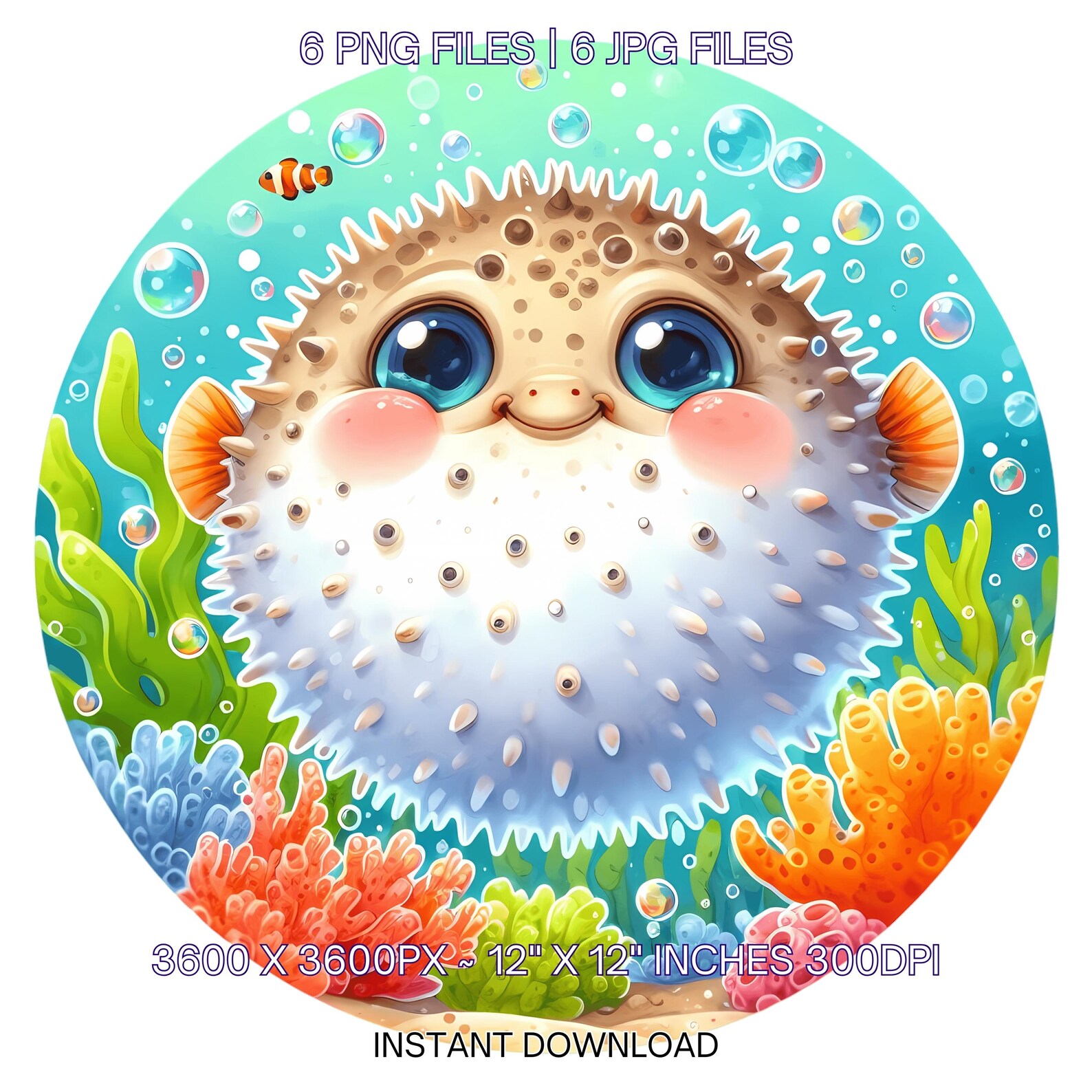 Watercolor Pufferfish Clipart: Smiling Fish PNG, Corals (digital ...