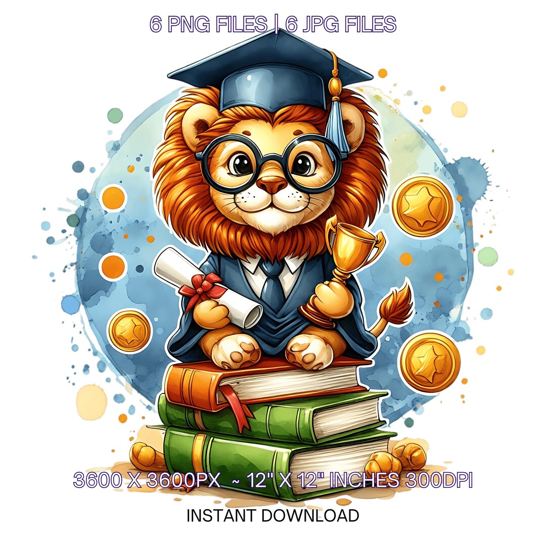 Graduation Lion Clipart: Diploma, Cap, and Gown (PNG, JPG) - Etsy