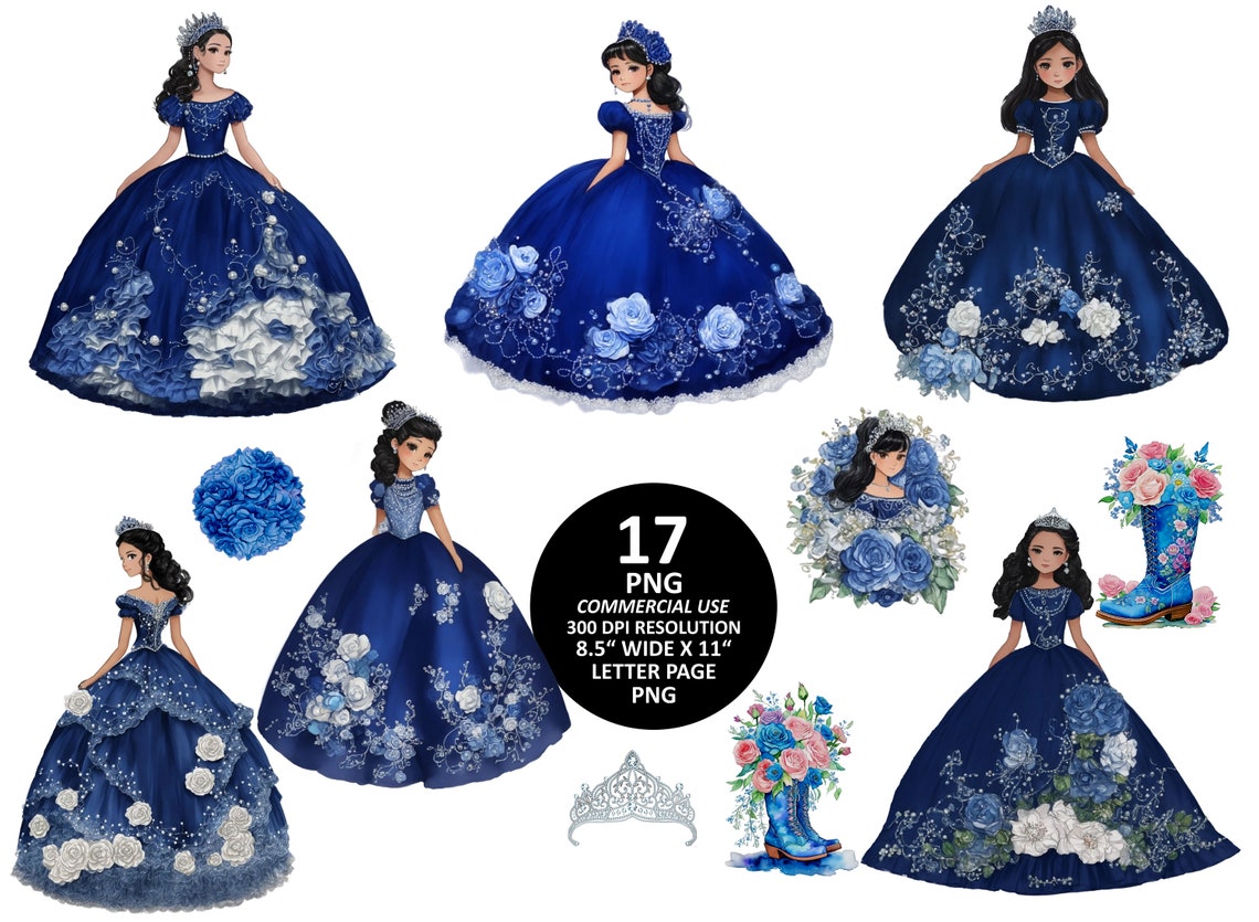 Watercolor Navy Blue Quinceañera Princess Dresses, Princess Tiara PNG ...