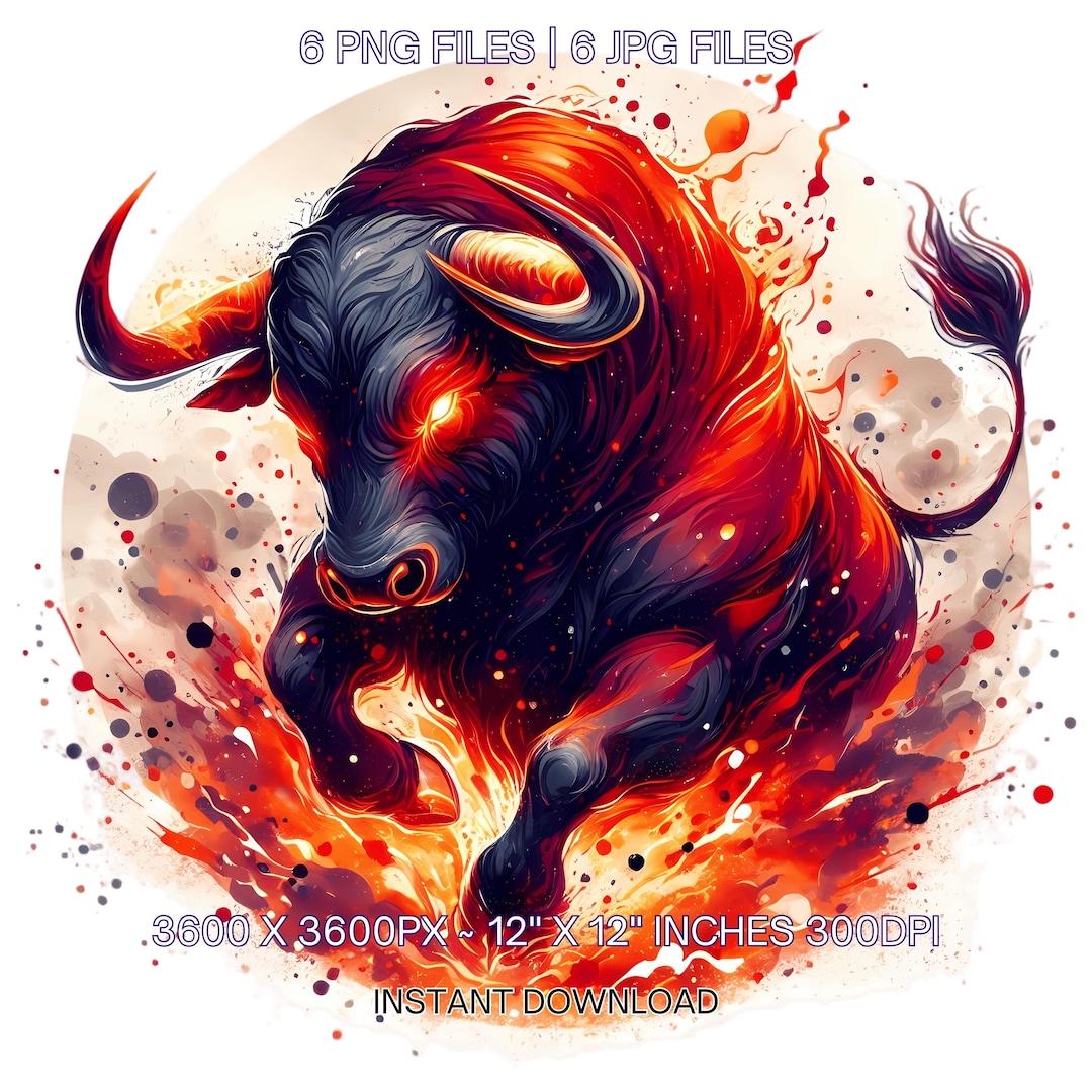 Fiery Bull Clipart PNG | 6 Watercolor Fiery Bull Charging Forward With ...