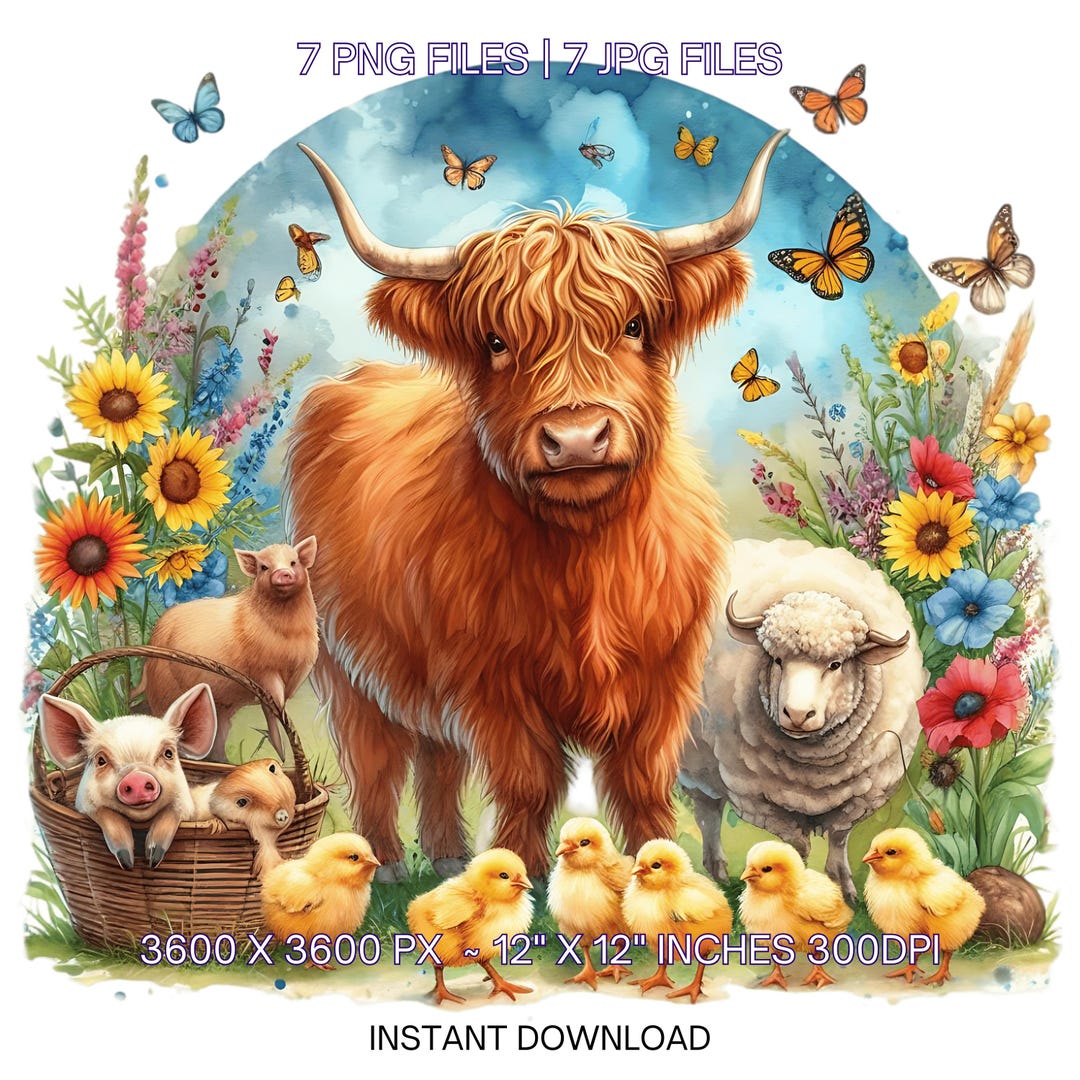 Spring Animal Farm Clipart: Watercolor Highland Cow, Pig, Sheep (PNG ...