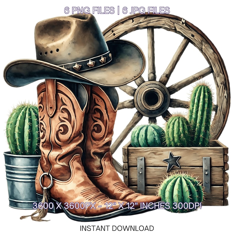 Cowboy Clipart: Boots, Hat, Wagon Wheel, Cactus (PNG JPG Digital ...