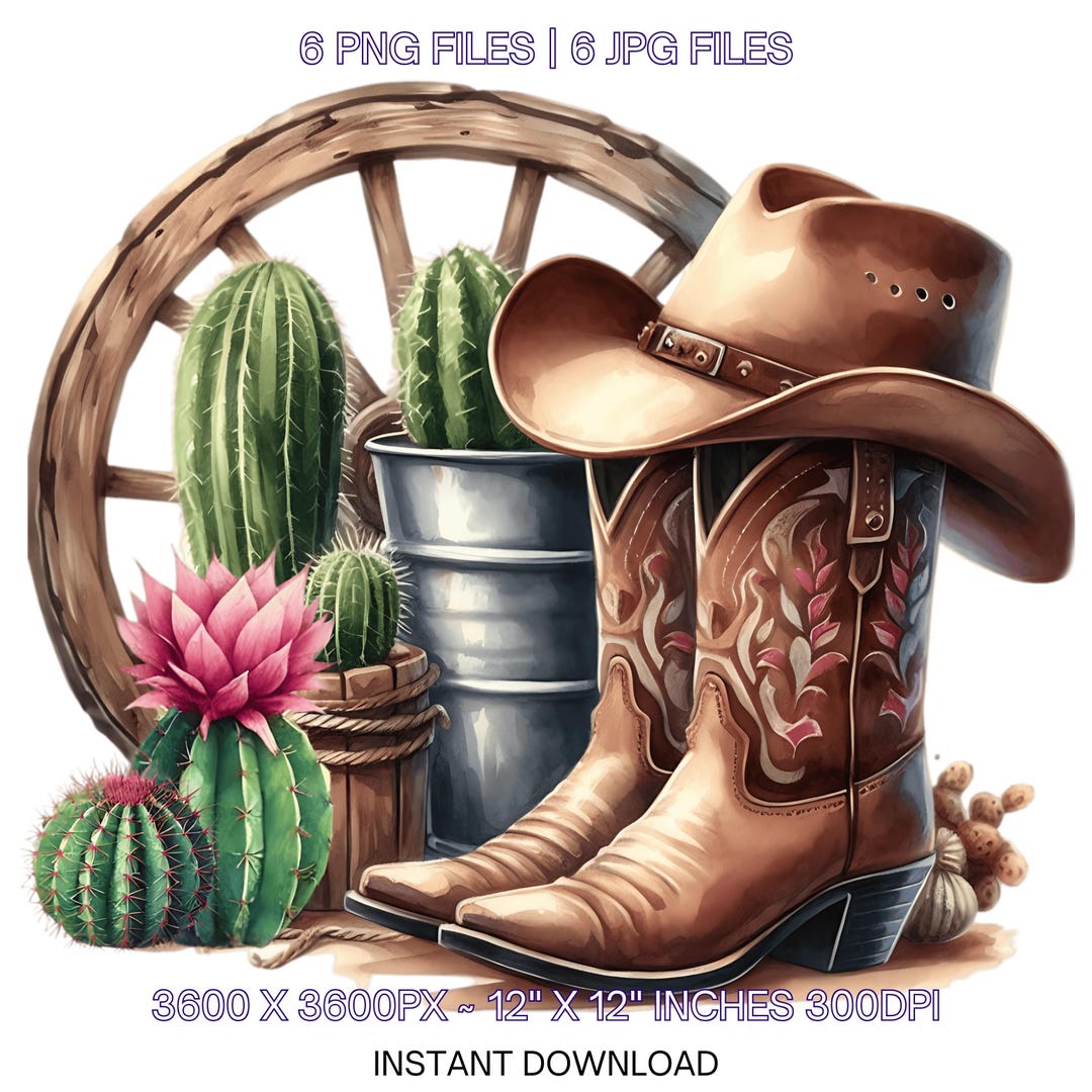 Cowgirl Clipart: Watercolor Boots, Hat, Cactus (PNG JPG Digital ...