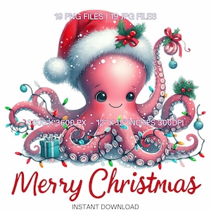 19 Merry Christmas Octopus Clipart PNG | Watercolor Ocean Animals Sea ...