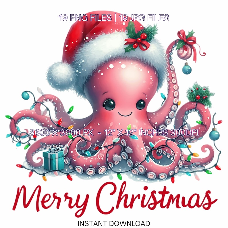 Christmas Octopus Clipart PNG | Watercolor Santa Hat Ocean Animals ...