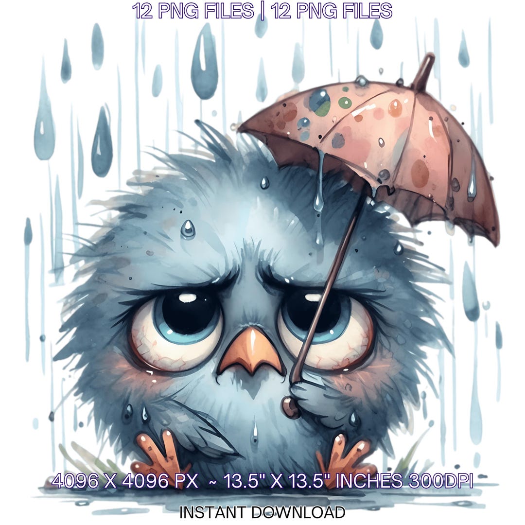 12 Frazzled Bird With a Tiny Umbrella in the Rain PNG Quirky Grumpy ...