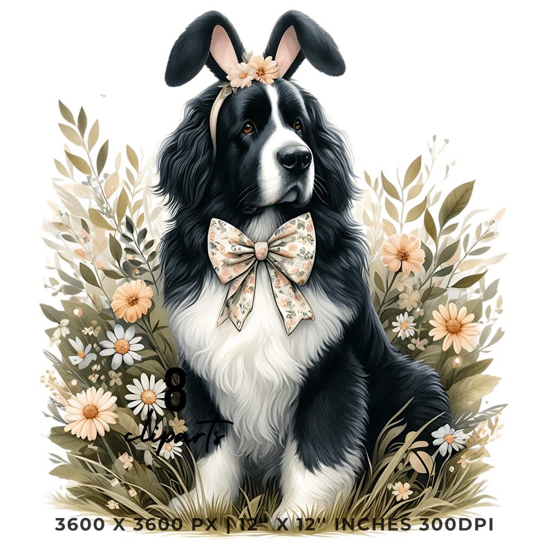 Newfoundland Dog Easter Clipart: Floral Bow, Bunny Ears (PNG, JPG) - Etsy