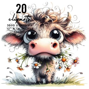 20 Cute Cow With Messy Fur and Flowers in Its Mouth Clip Art | Quirky ...