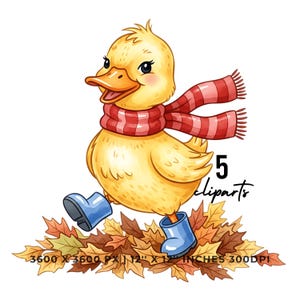 Autumn Duck Clipart PNG | Fall Duckling in Leaves | Cute Scarf Duck Art ...
