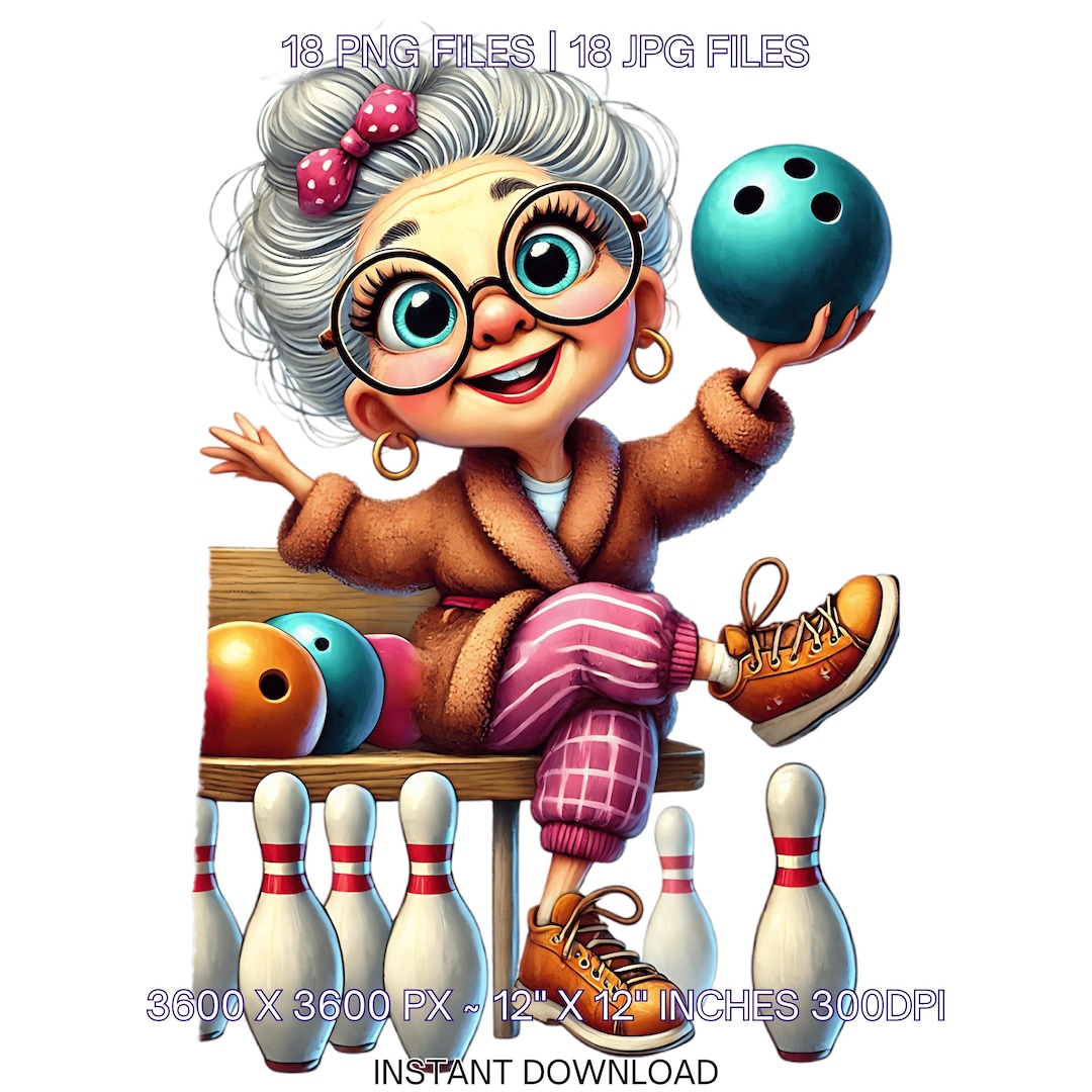 Funny Grandma Bowling Clipart: Elegant Old Lady Cartoon (PNG JPG) - Etsy