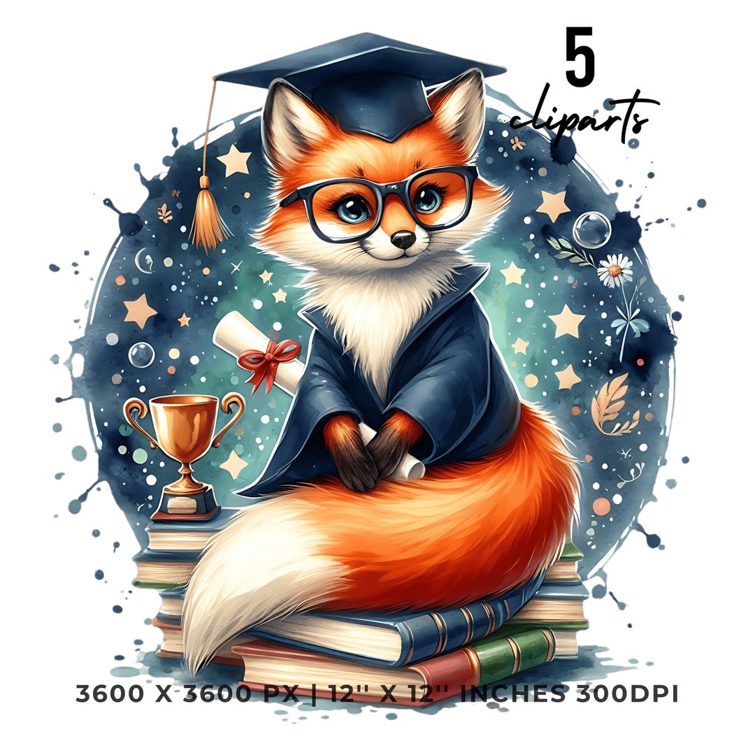 Graduation Fox Clipart: Diploma, Cap, Gown (5 PNG-JPG Digital Files) - Etsy