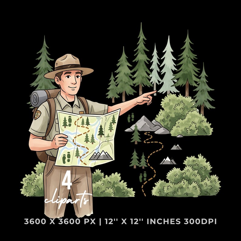 Park Ranger Clipart Bundle | Hiking Map, Forest Art (digital Download ...