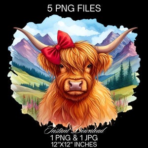 Highland Cow Watercolor Clipart PNG 5 Mountains Highland Cattle Red ...