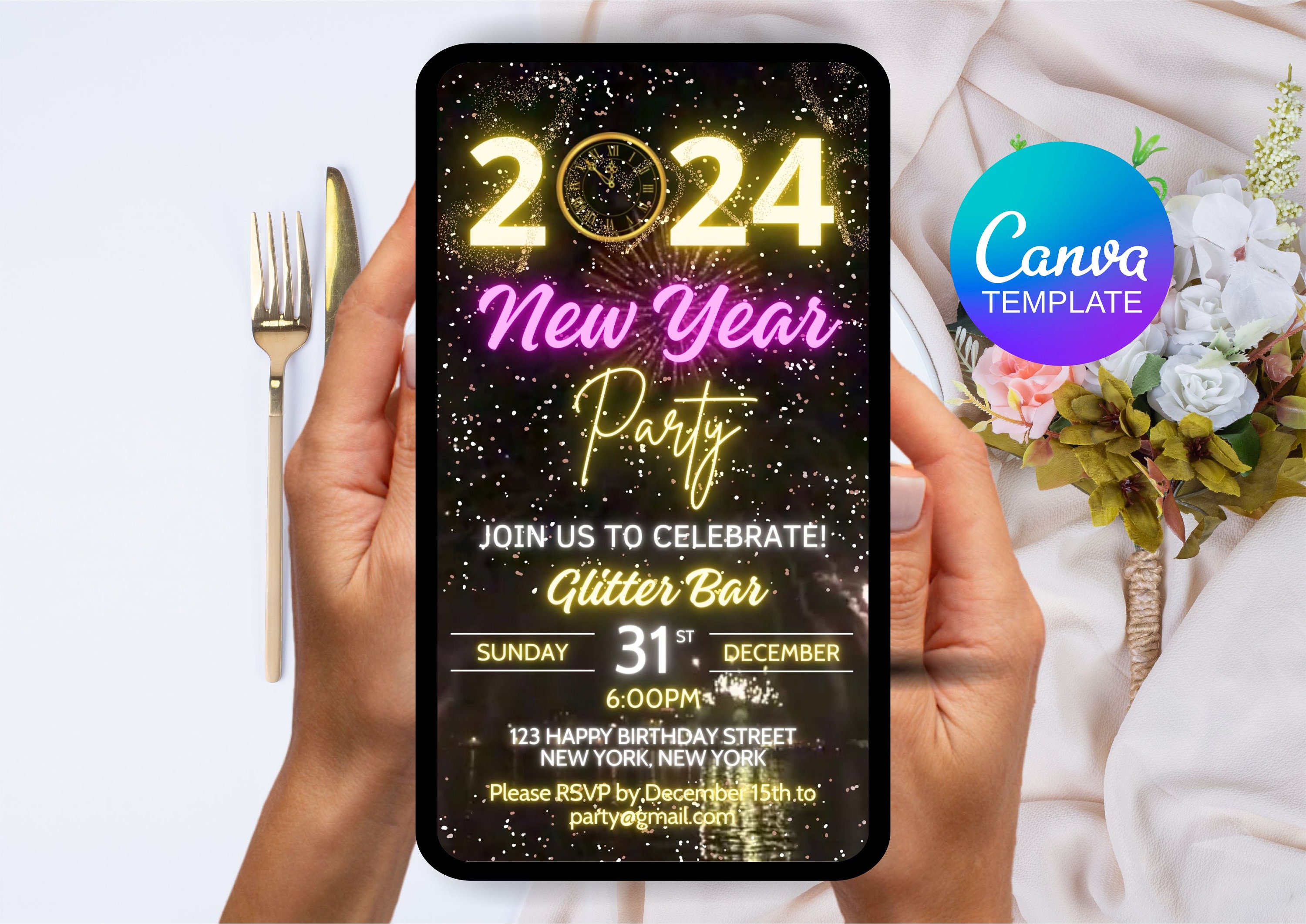 Editable New Years Electronic Invitation Template Digital Evite Card ...