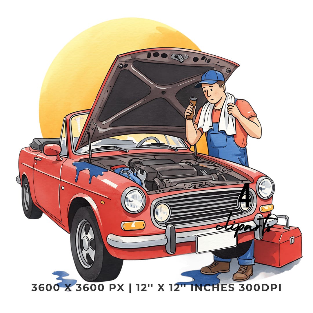 Mechanic Fixing Convertible Car Clipart | Classic Car Repair Bundle ...