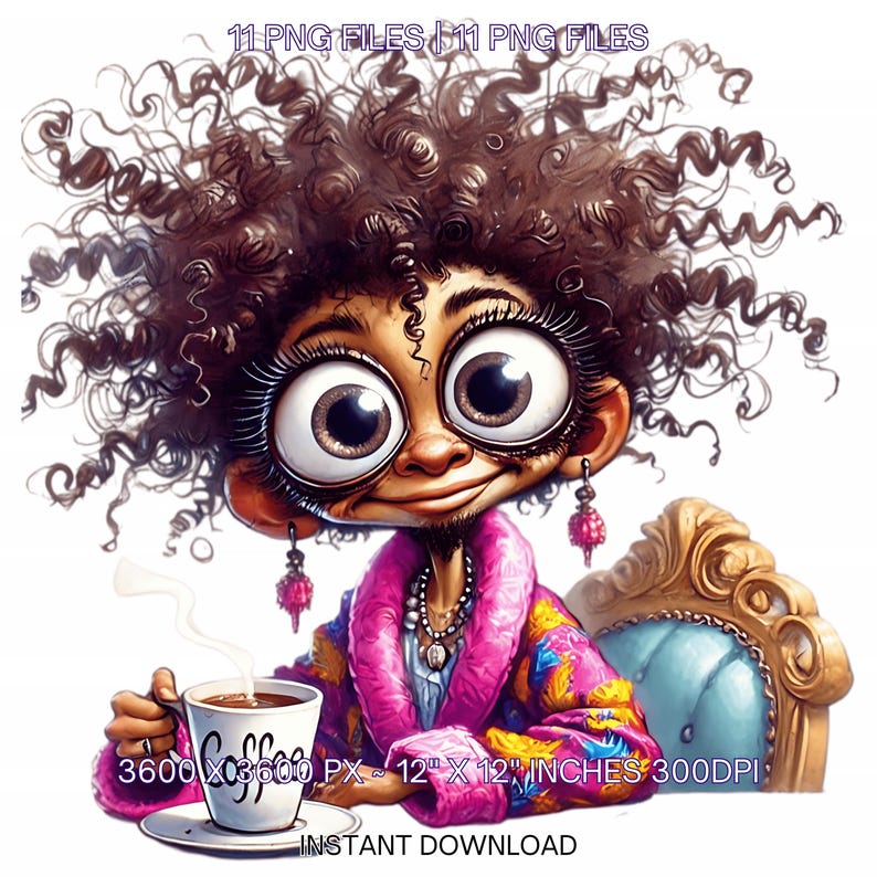 Funny Coffee Girl Clipart: Cartoon Ladies PNG, JPG (digital Download ...