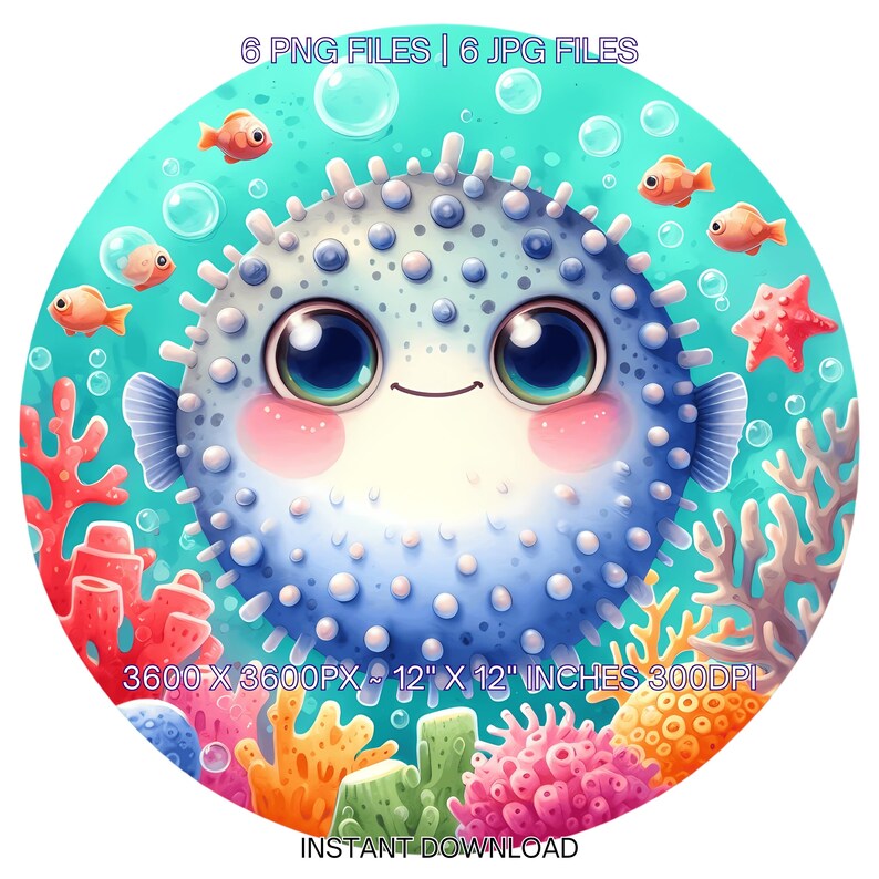 Watercolor Pufferfish Clipart: Smiling Fish PNG, Corals (digital ...