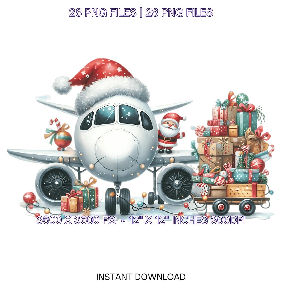 28 Christmas Santa Airplane With Gifts PNG Clipart | Watercolor Xmas ...