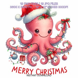 19 Merry Christmas Octopus Clipart PNG Watercolor Ocean Animals Sea ...