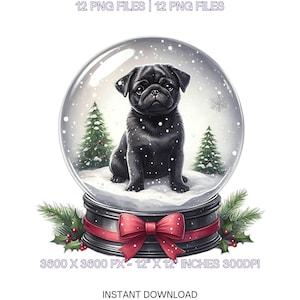 12 Black Pug in a Snow Globe Clipart PNG | Christmas Pug Clipart | Xmas ...
