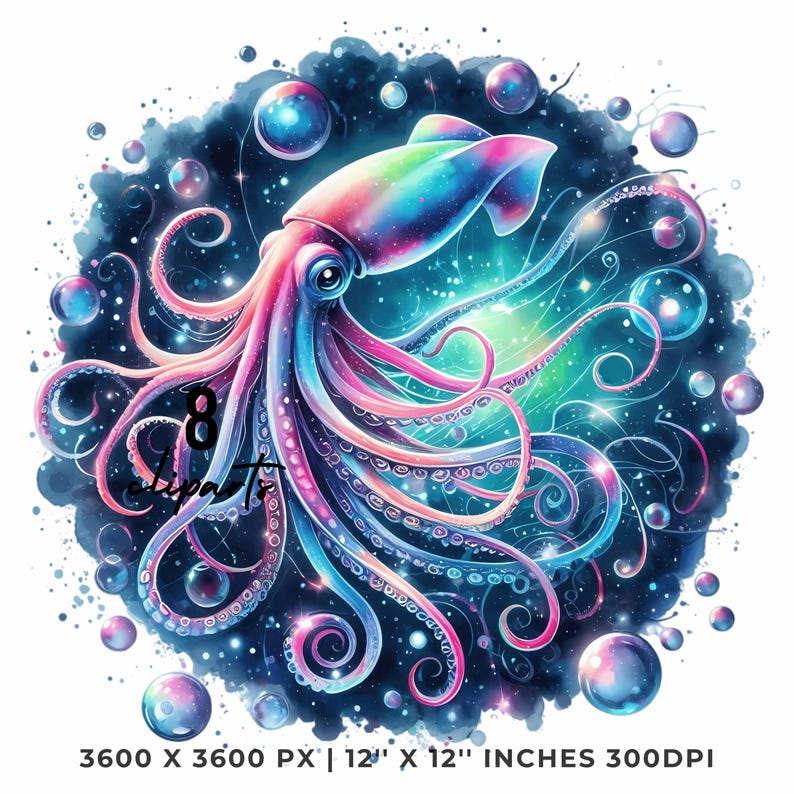 Watercolor Squid Clipart: Neon Deep-sea Creature PNG (digital Download ...