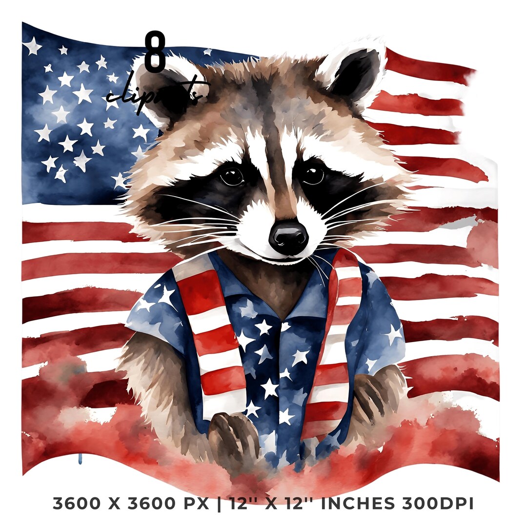 Watercolor RACCOON Flag PNG | 8 Patriotic USA Raccoon Flag Clipart ...