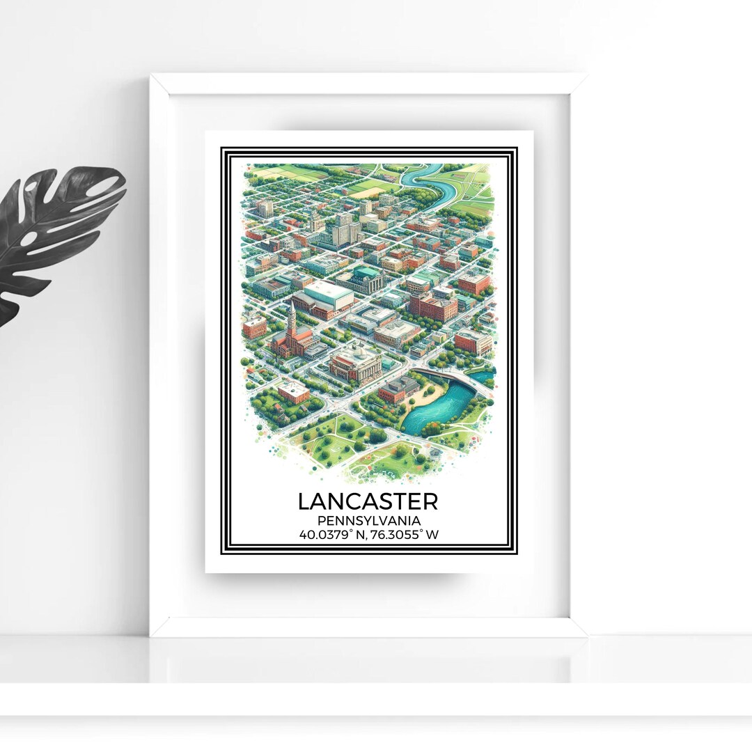 Lancaster City Map Cities in Pennsylvania Travel Print Wall Art Maps ...