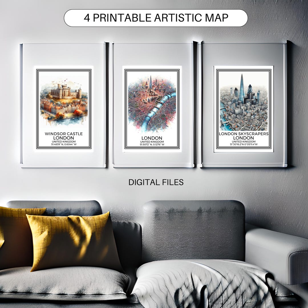 4 London Map Prints, London Eye, Skyscrapers, Windsor Castle, London ...