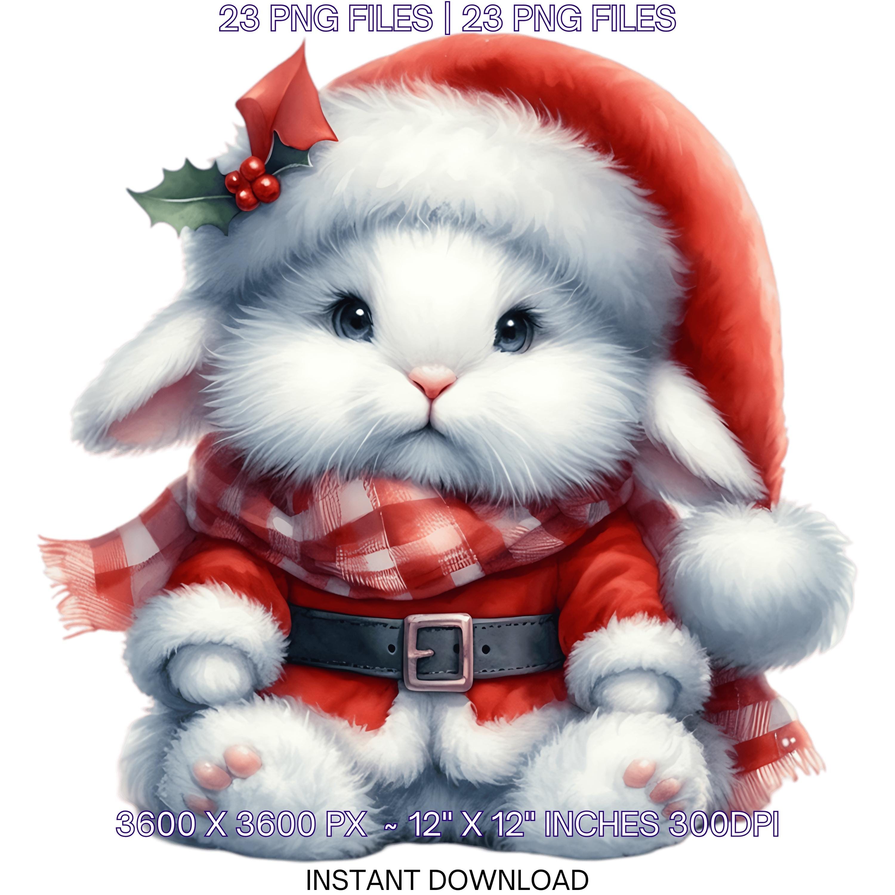 Christmas Bunny Clipart, Fluffy White Rabbit in Santa Suit (PNG, JPG ...