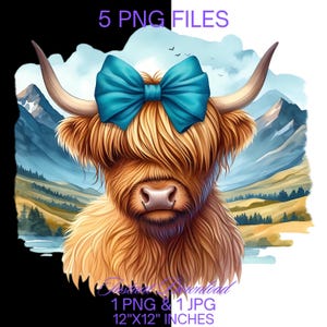 Highland Cow Watercolor Clipart PNG | 5 Mountains Highland Cattle Blue ...