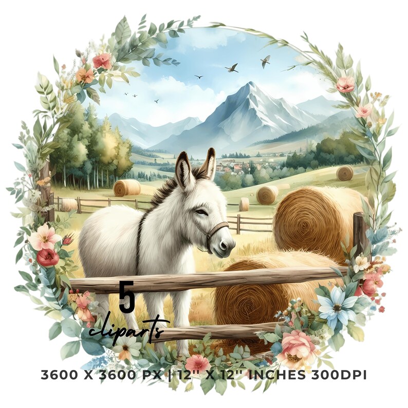 Watercolor Donkey Clipart: Farm Animal PNG, Flowers, Hay Bales (digital ...