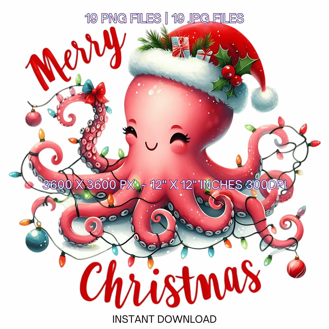 19 Merry Christmas Octopus Clipart PNG | Watercolor Ocean Animals Sea ...