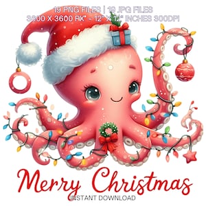 19 Merry Christmas Octopus Clipart PNG | Watercolor Ocean Animals Sea ...