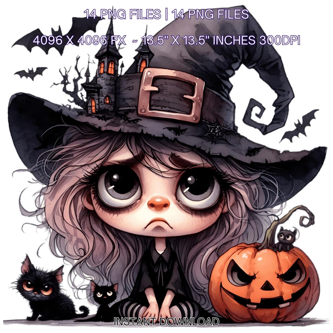 14 Quirky Grumpy Witch PNG | Halloween Hat Clip Art | Watercolor Junk ...